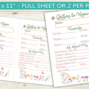 Getting to Know You Printable // 8.5" X 11" PDF, Two per Page or Full ...