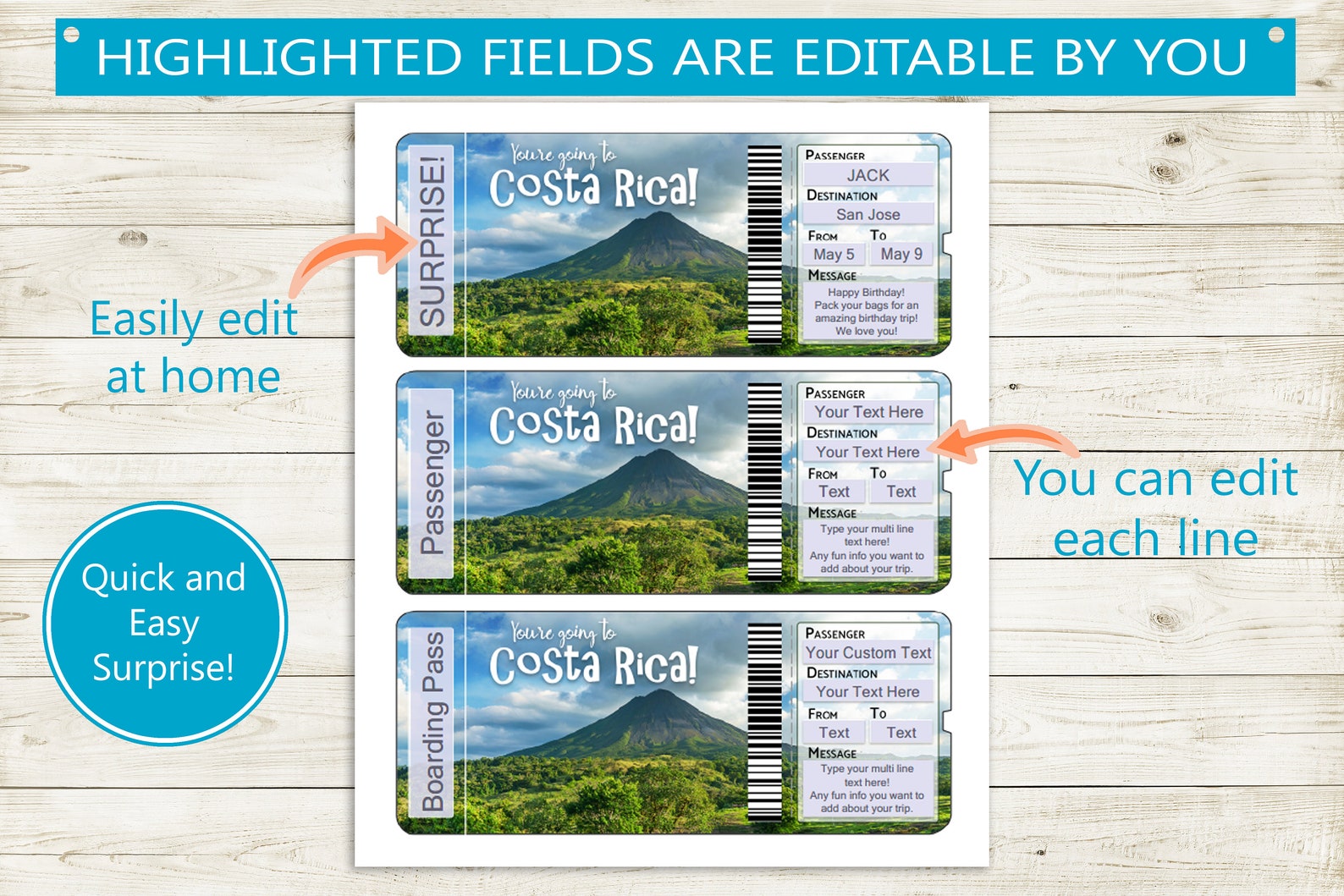 Custom Tickets to Costa Rica // Printable Adobe Editable PDF - Etsy