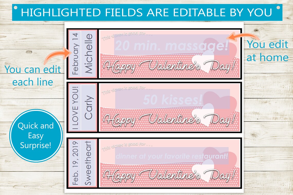 Editable Valentine's Day Tickets // Edit and Print | Etsy
