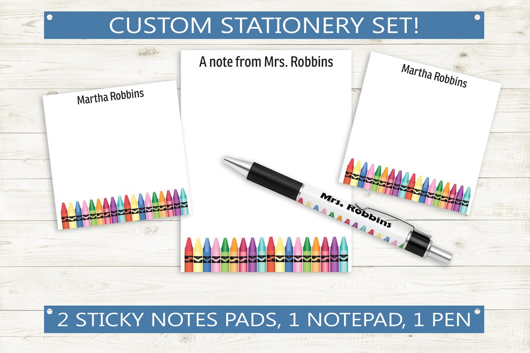 Personalized Crayon Stationery Set - 2 Sticky Note Pads, 1 Pen, 1 ...