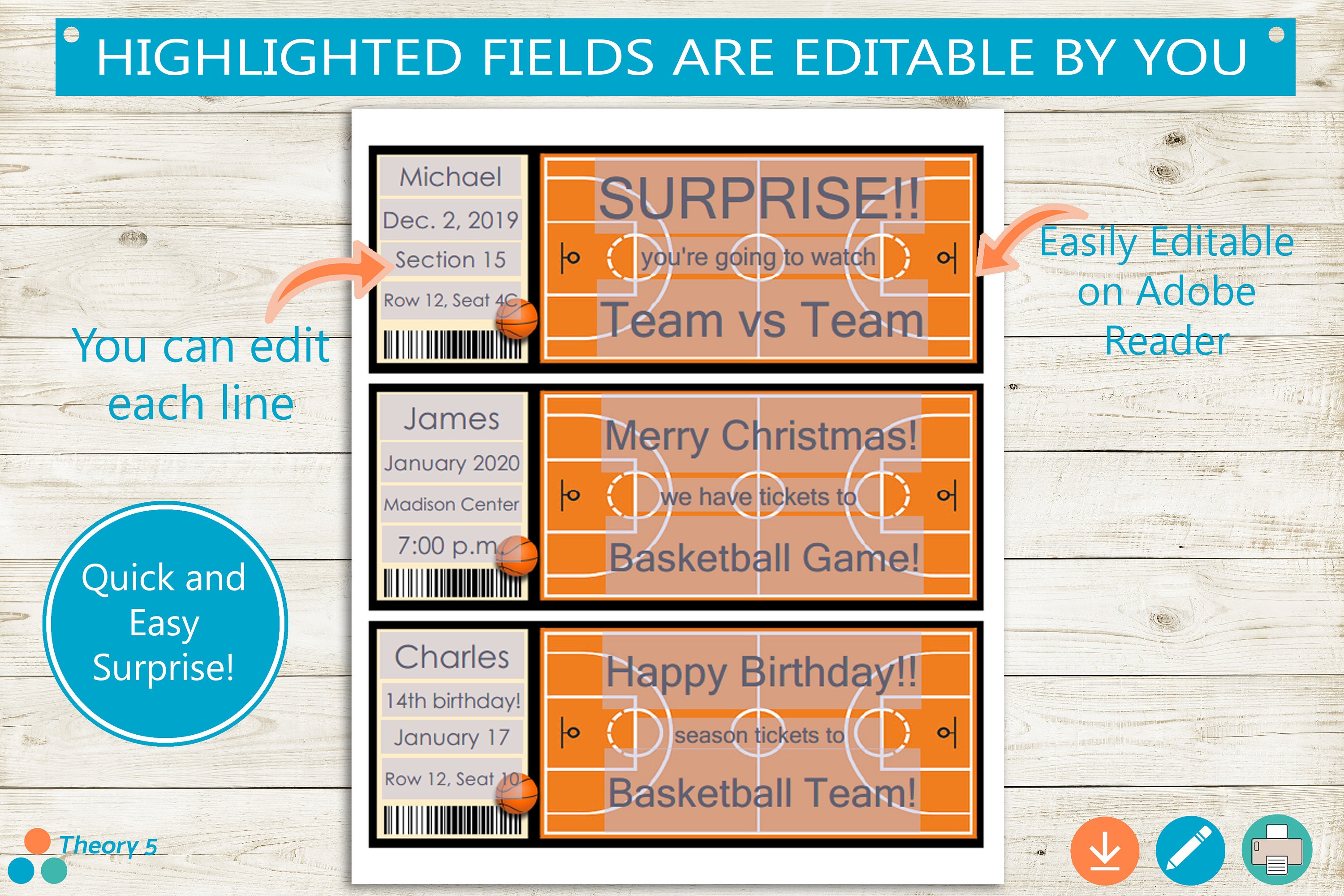 Printable and Editable Basketball Tickets // Adobe PDF, Surprise Game ...