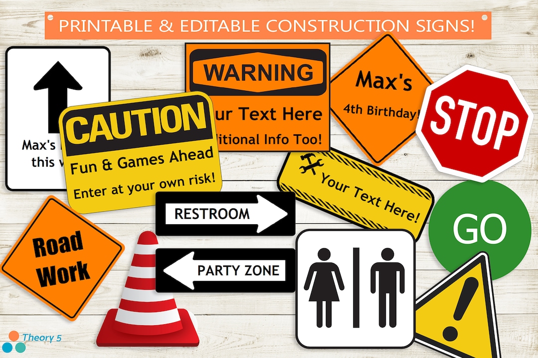 Construction Party Signs // Instant Download Editable PDF // 13 Signs ...