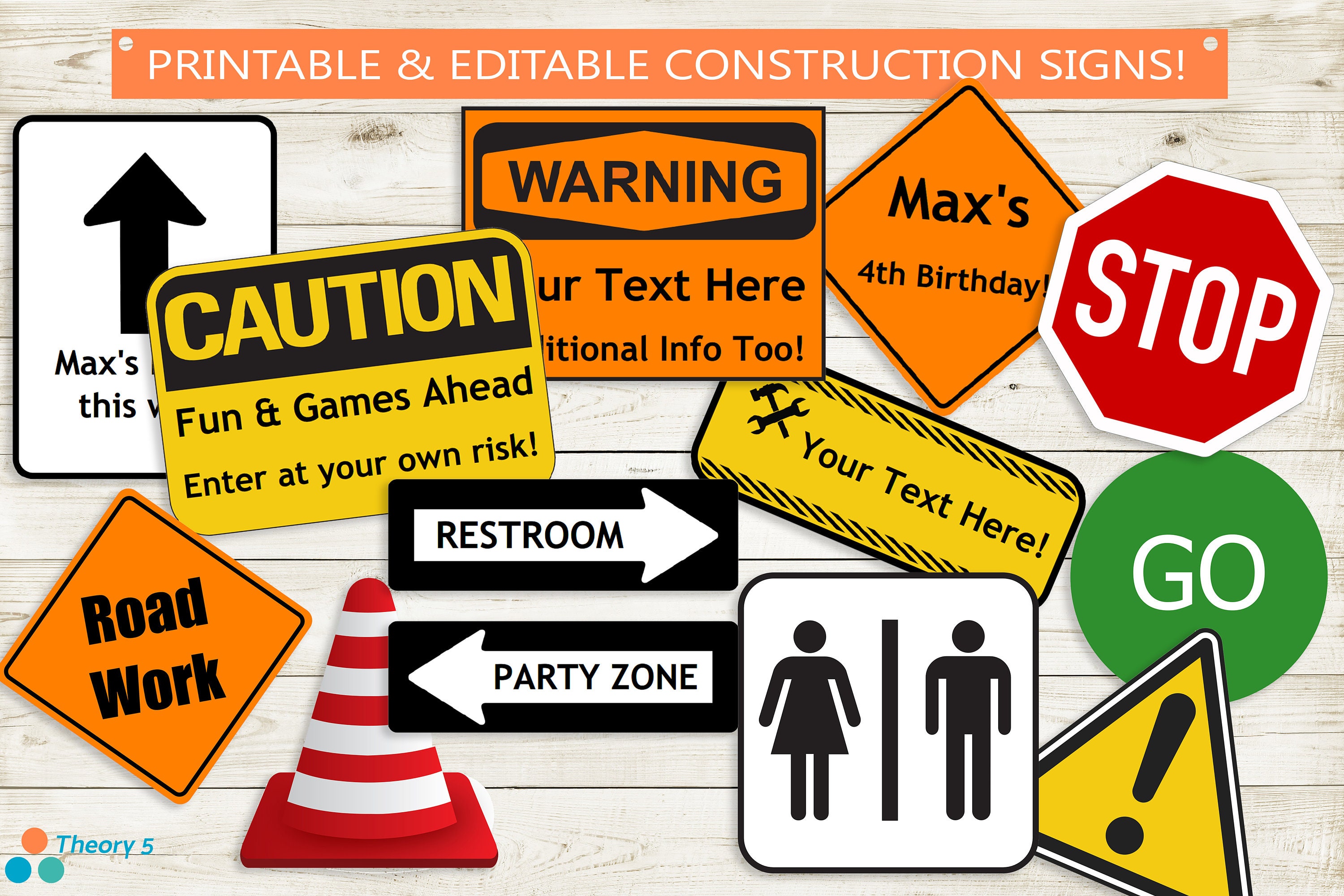 Construction Party Signs // Instant Download Editable PDF // 13 Signs ...