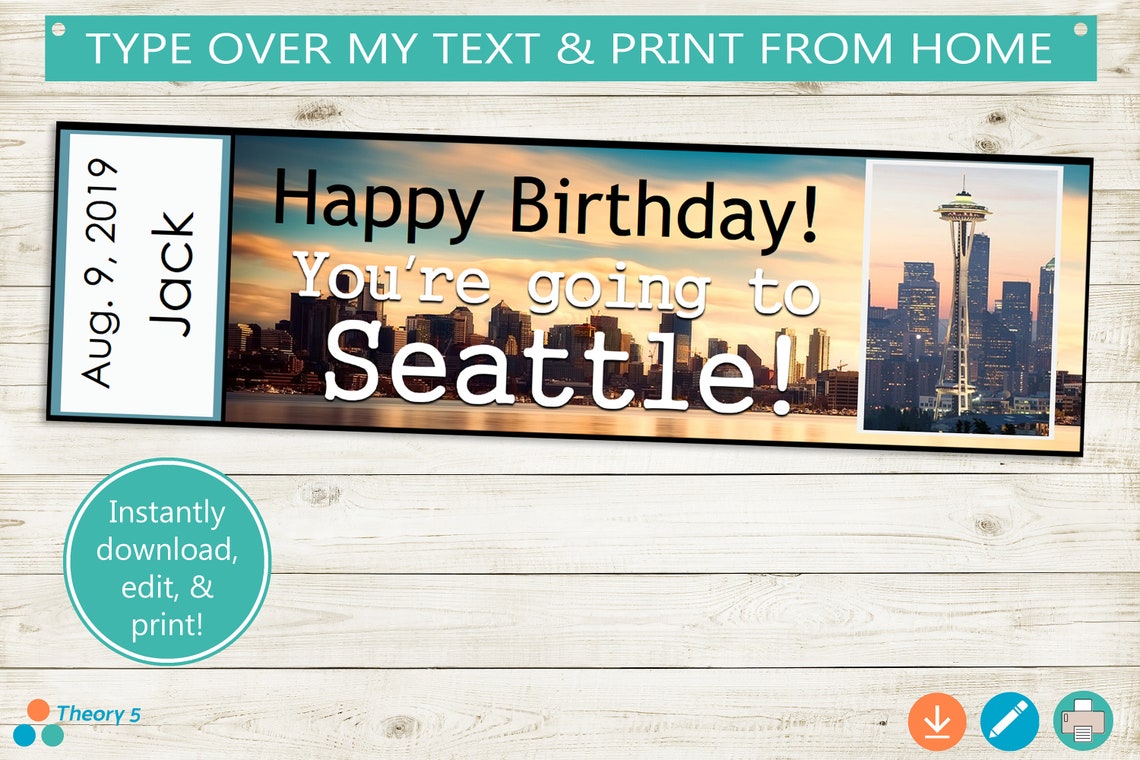 Printable and Editable Tickets to Seattle // Adobe Editable - Etsy