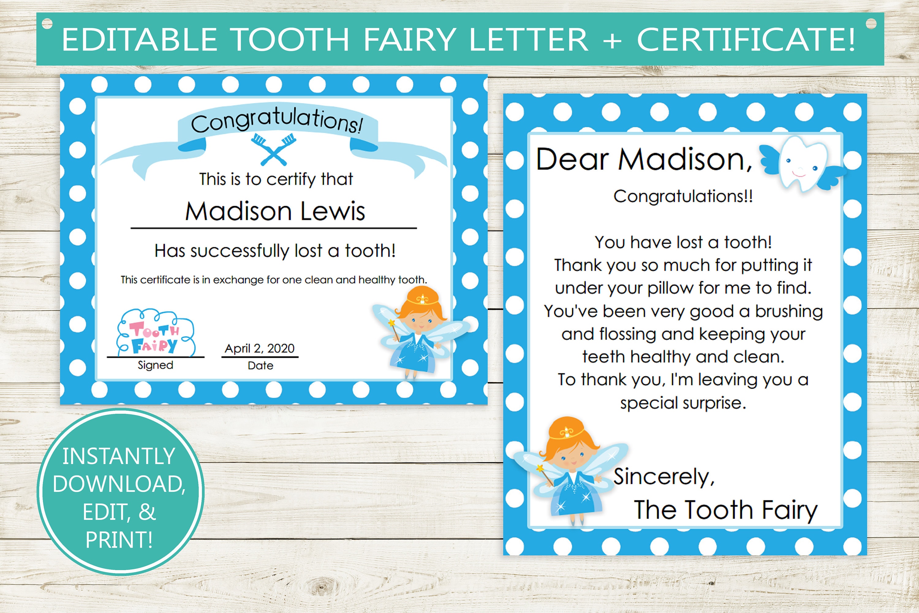 blue lost tooth note Editable Tooth Fairy Letter and Certificate ...
