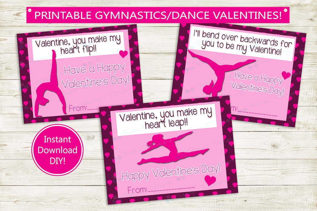 Gymnastics Valentine's Day Cards // Instant Download Dancer Valentine ...