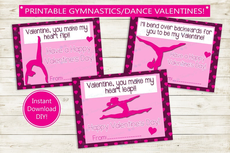 Gymnastics Valentine's Day Cards // Instant Download Dancer Valentine ...