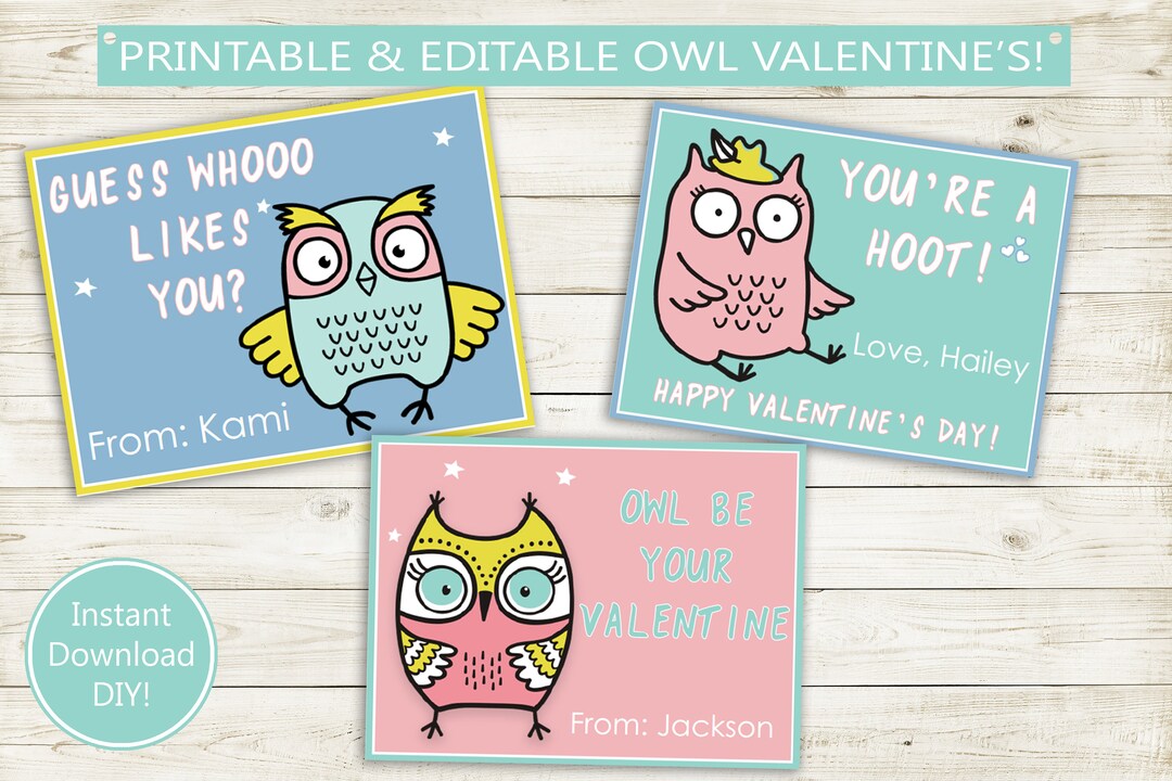 Editable & Printable Owl Valentine's Day Cards // Instant Download ...