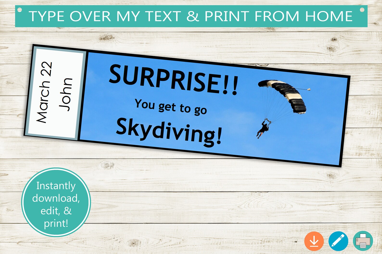 Printable and Editable Sky Diving Tickets // Adobe PDF, Surprise ...