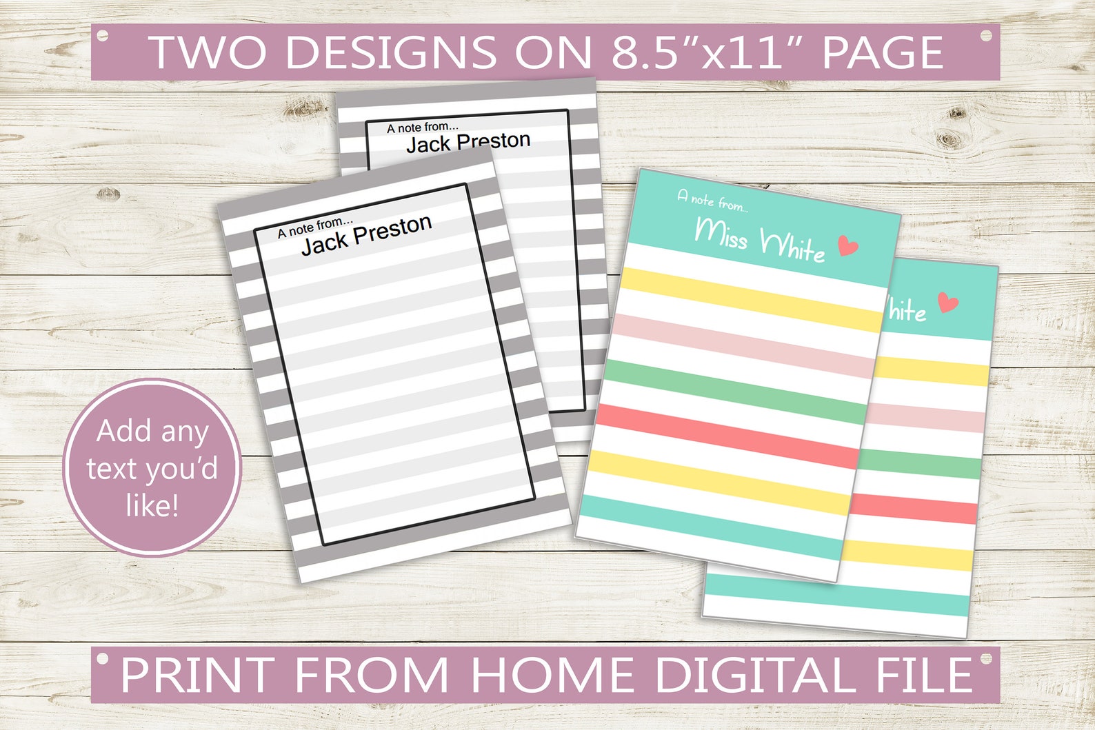 Editable PDF Printable Notes // Two 5x7 Cute Striped Designs // Custom ...