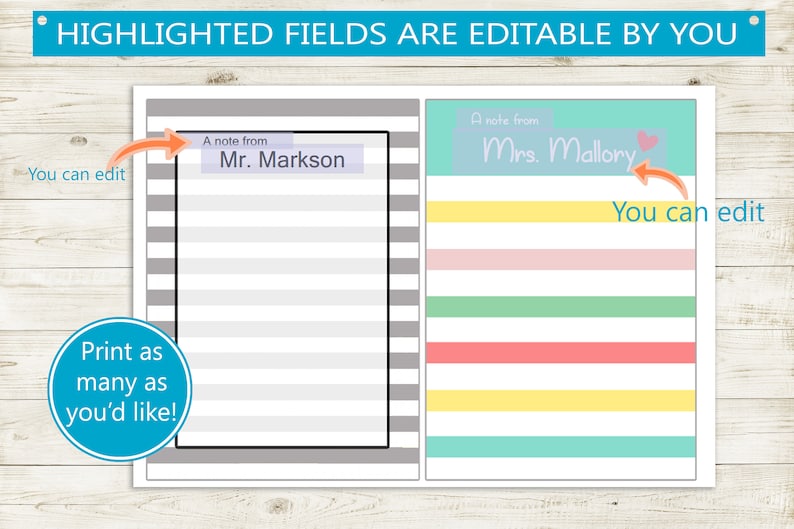 Editable PDF Printable Notes // Two 5x7 Cute Striped Designs // Custom ...