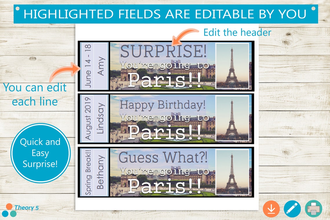 Printable and Editable Paris Tickets Adobe Editable PDF Trip | Etsy
