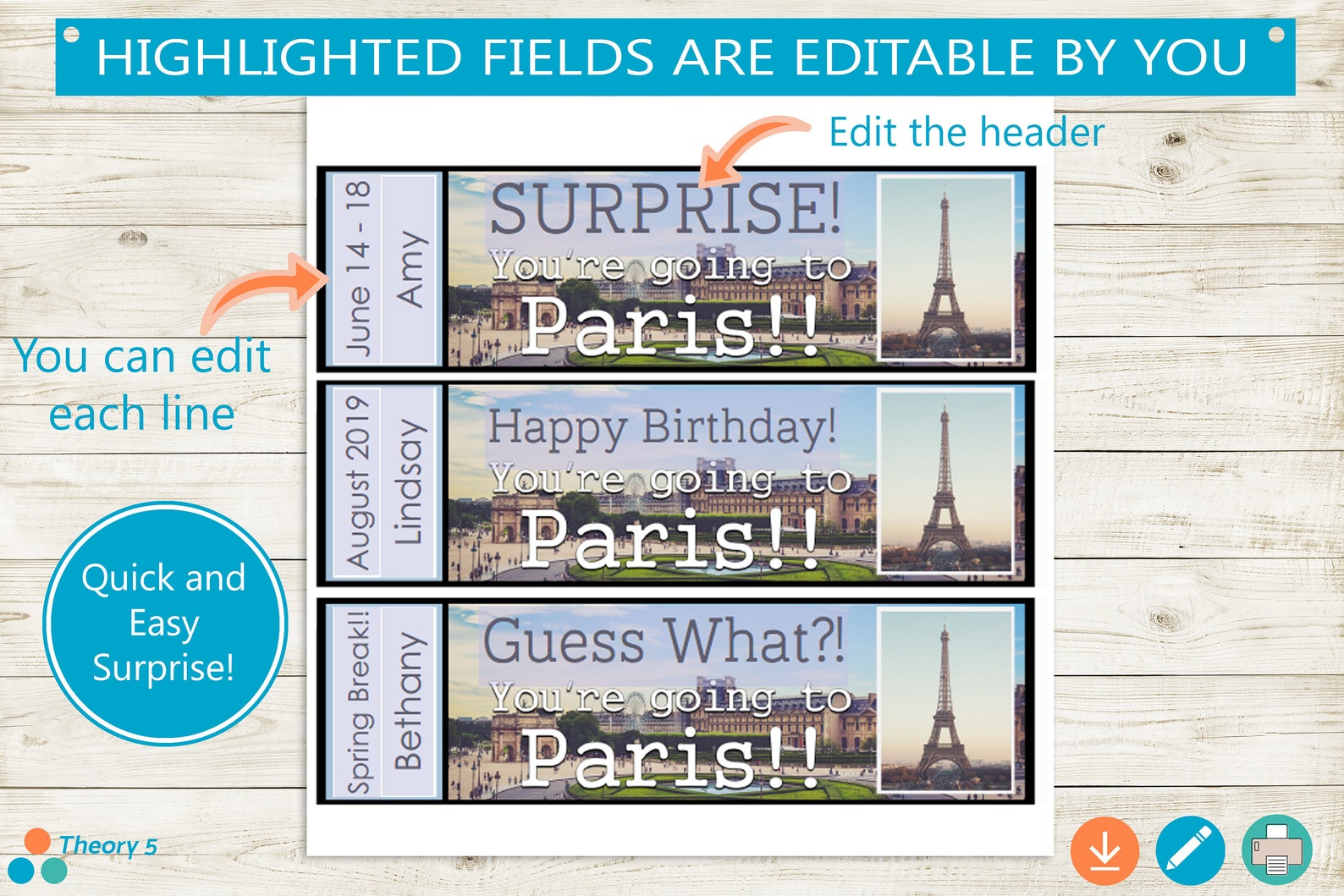 Printable and Editable Paris Tickets! Adobe Editable PDF, Trip Reveal ...