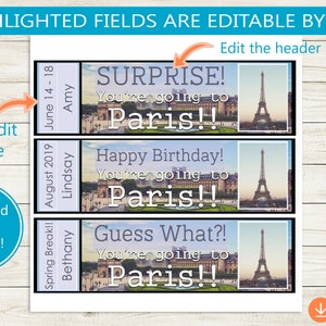 Printable and Editable Paris Tickets! Adobe Editable PDF, Trip Reveal ...