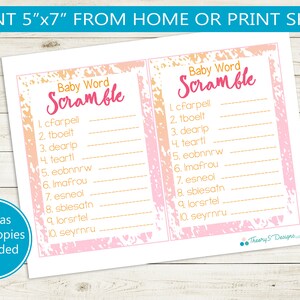 Baby Shower Printable Game Unscramble // Pink and Orange, Template ...