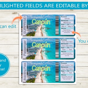 Custom Tickets to Cancun // Printable Adobe Editable PDF // Vacation ...
