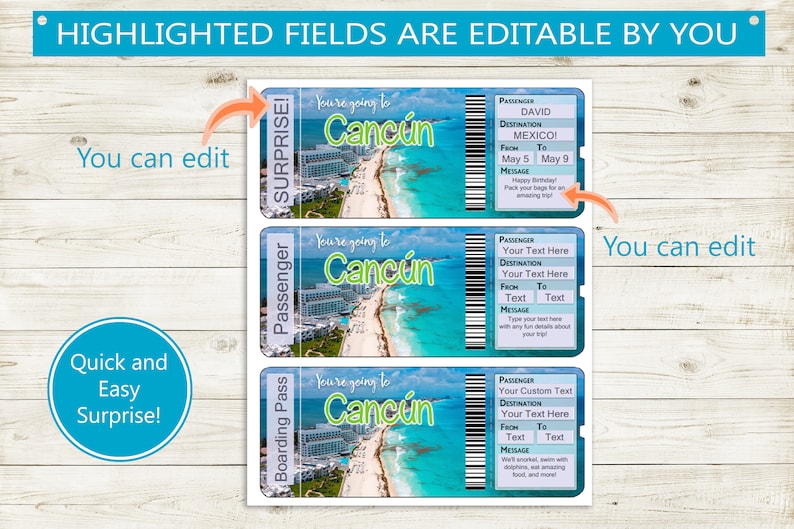 Custom Tickets to Cancun // Printable Adobe Editable PDF // Vacation ...