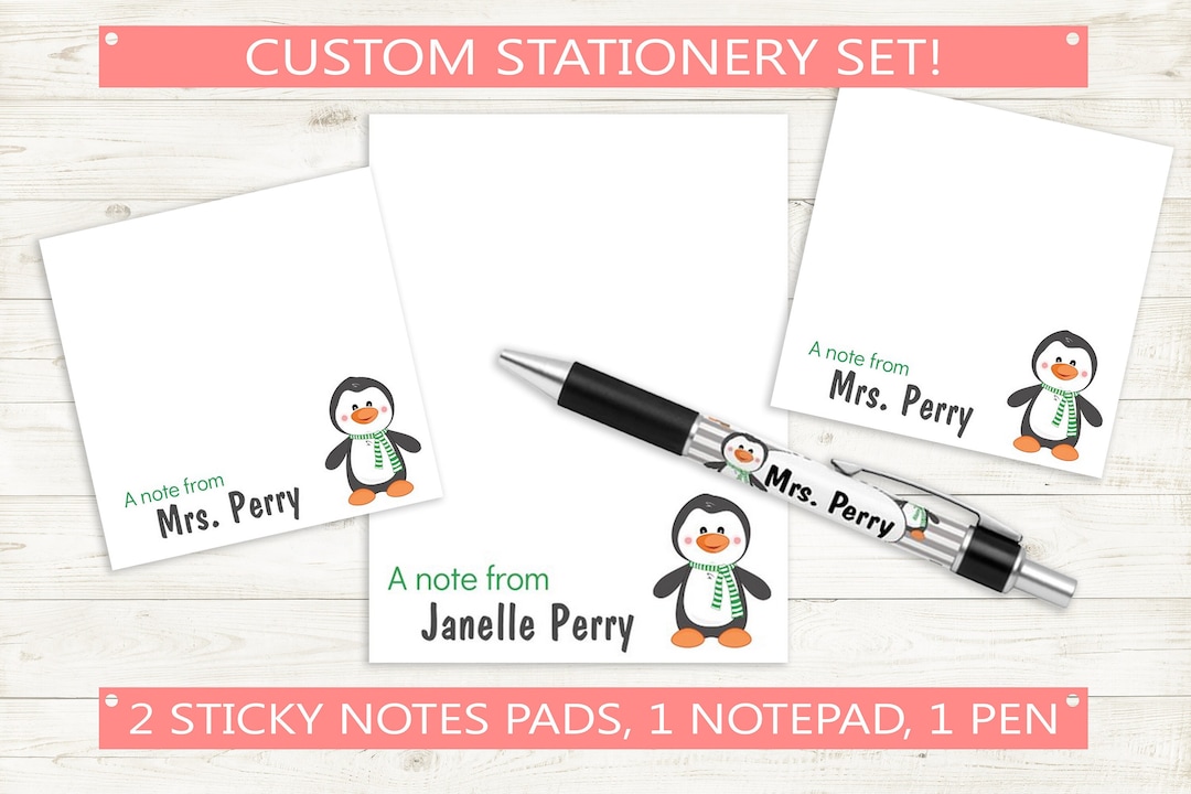 Personalized Penguin Stationery Set 2 Sticky Note Pads, 1 Pen, 1 ...