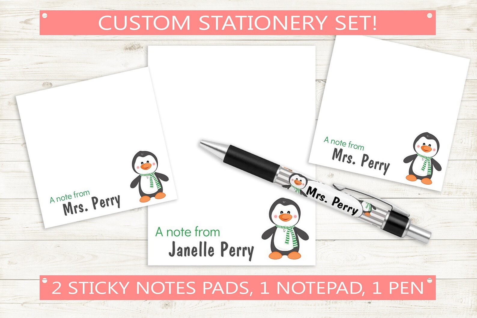Personalized Penguin Stationery Set 2 Sticky Note Pads 1 - Etsy