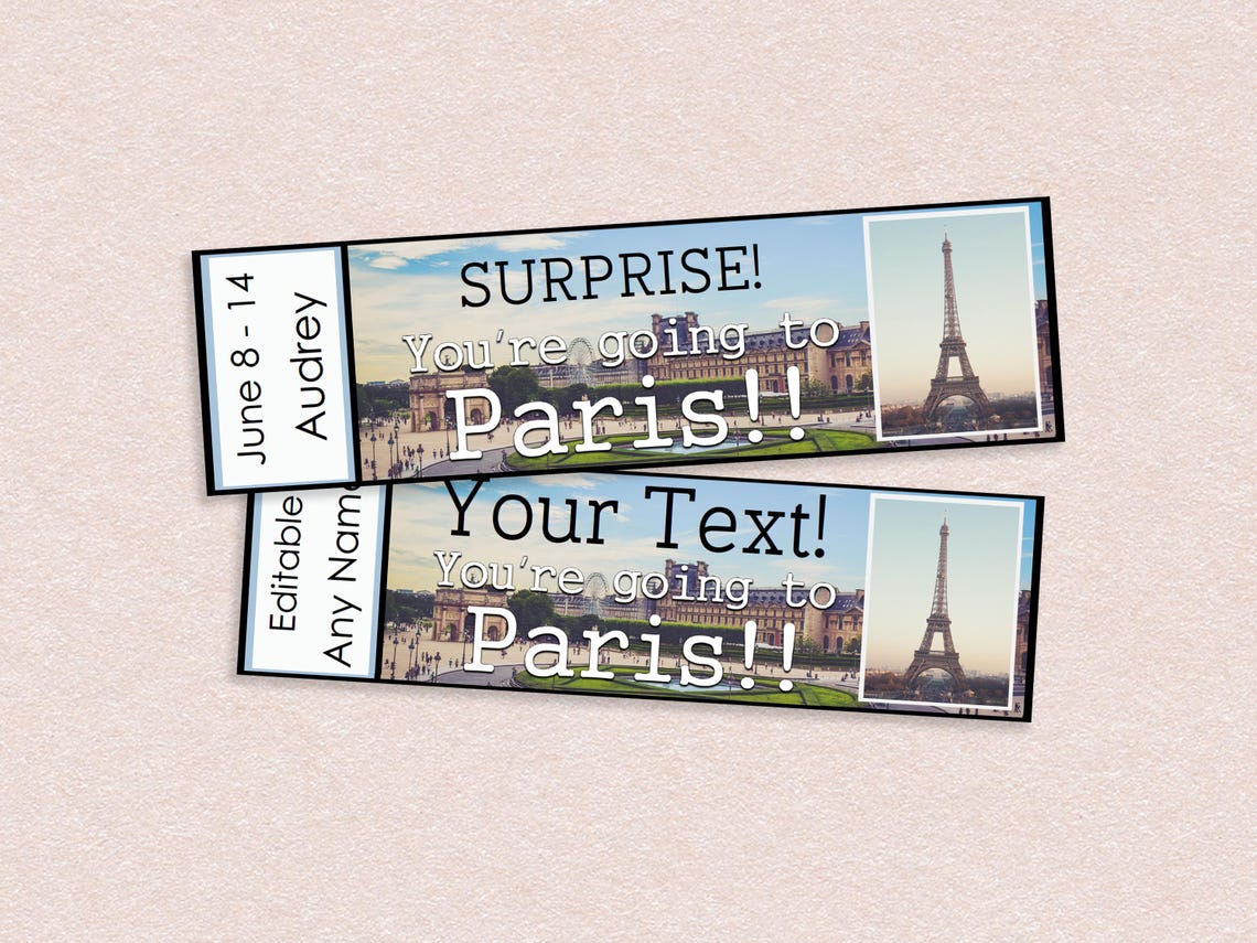 Printable and Editable Paris Tickets! Adobe Editable PDF, Trip Reveal ...