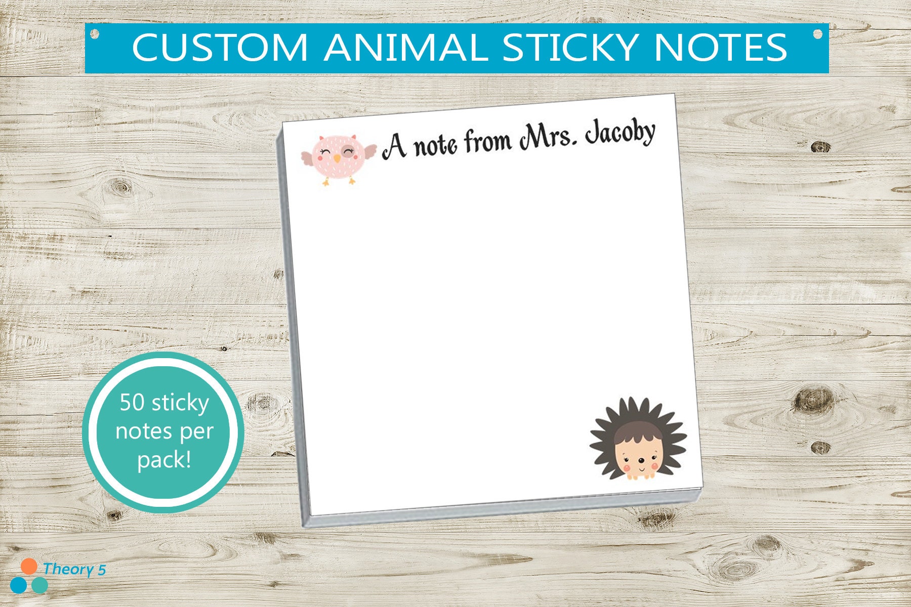 Custom Sticky Notes Pack Bird & Porcupine Design // Personalized Gift ...