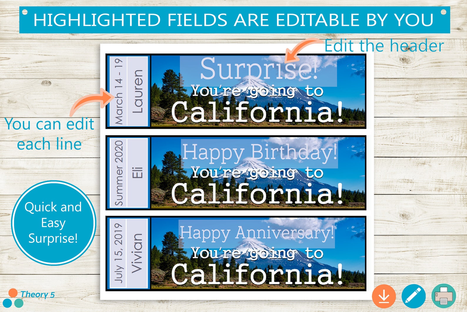 Printable and Editable Tickets to California // Adobe Editable | Etsy