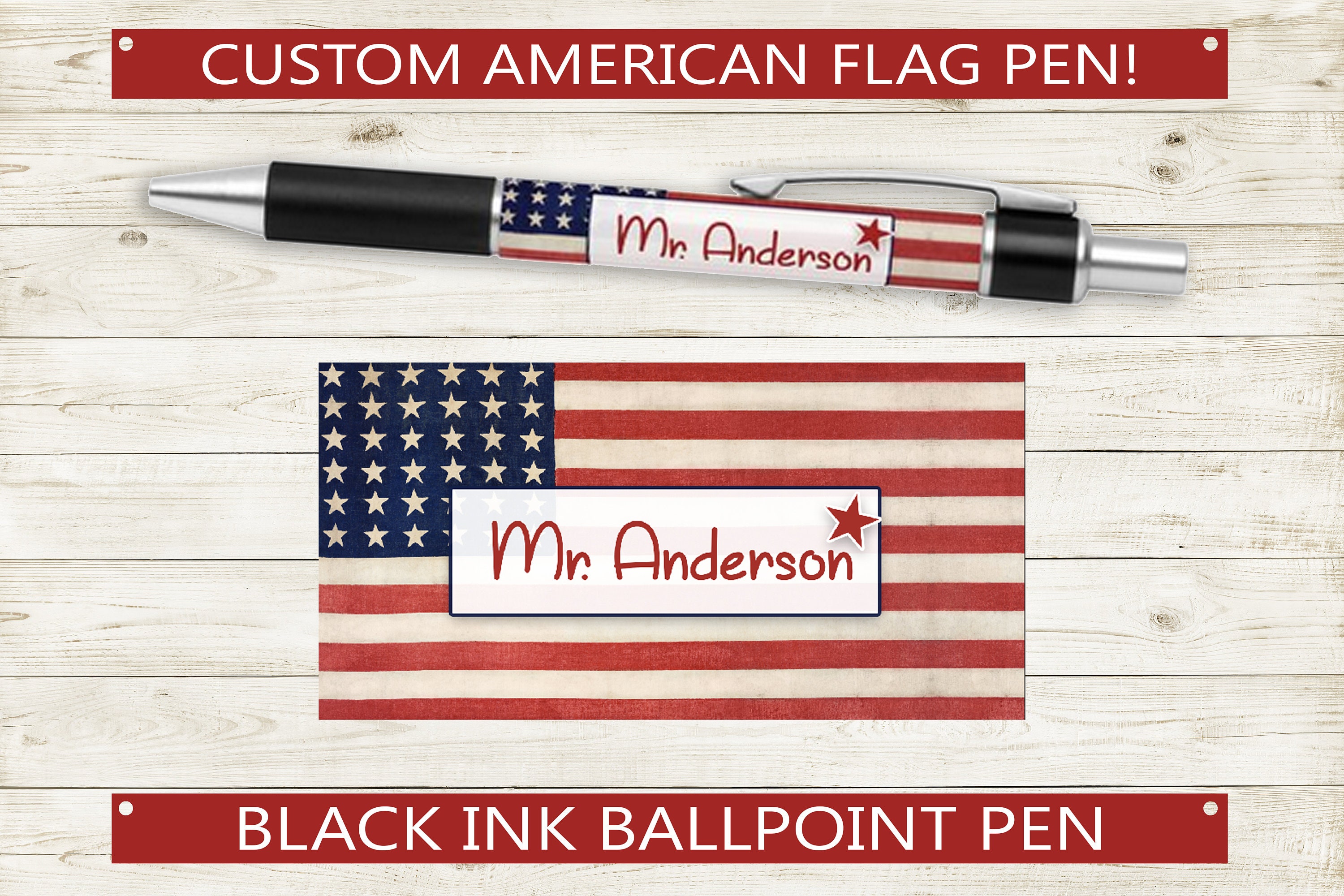 Custom American Flag Pen // Black Ink Ballpoint Pen With Personalized ...