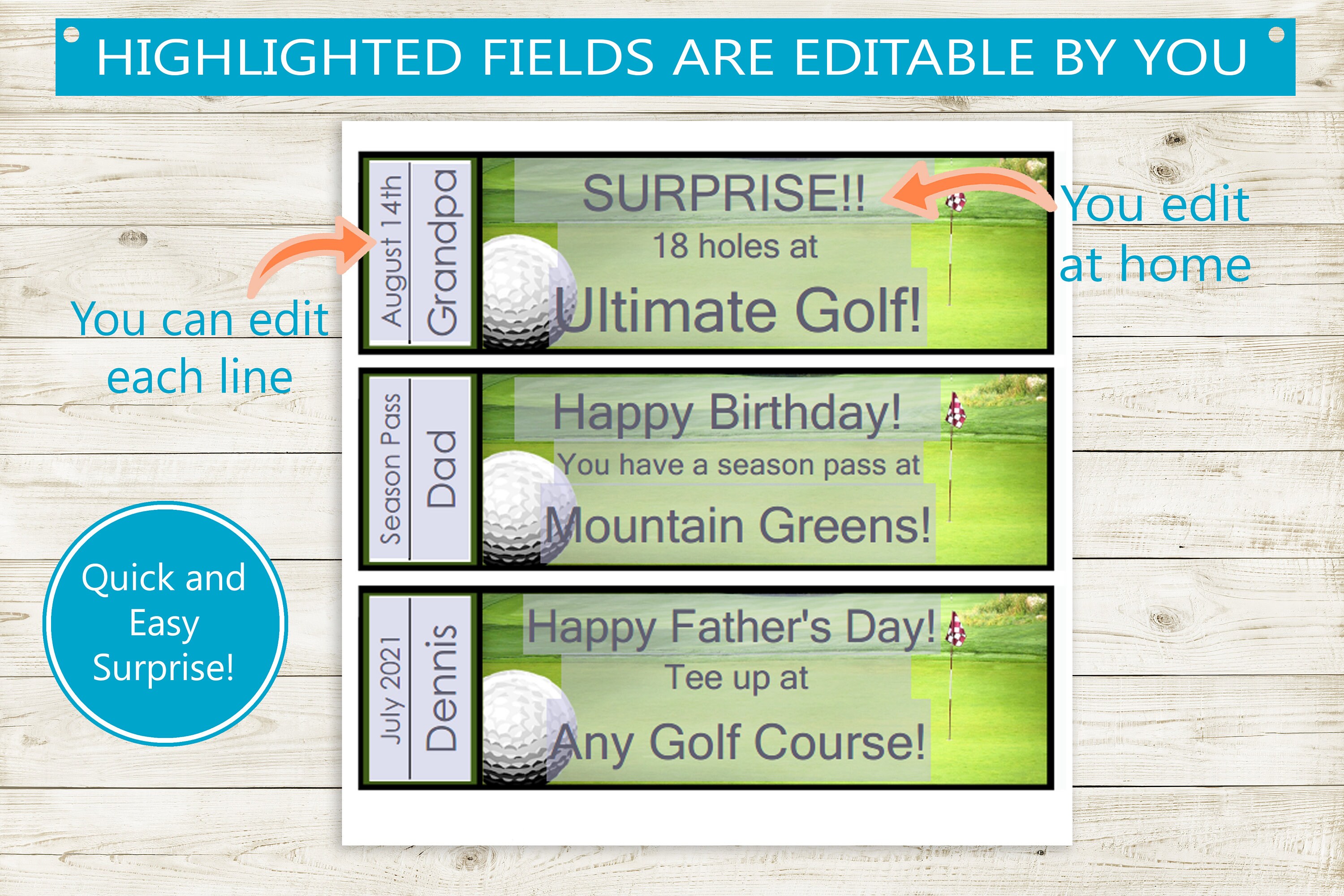 Printable and Editable Golf Tickets // Adobe PDF surprise | Etsy