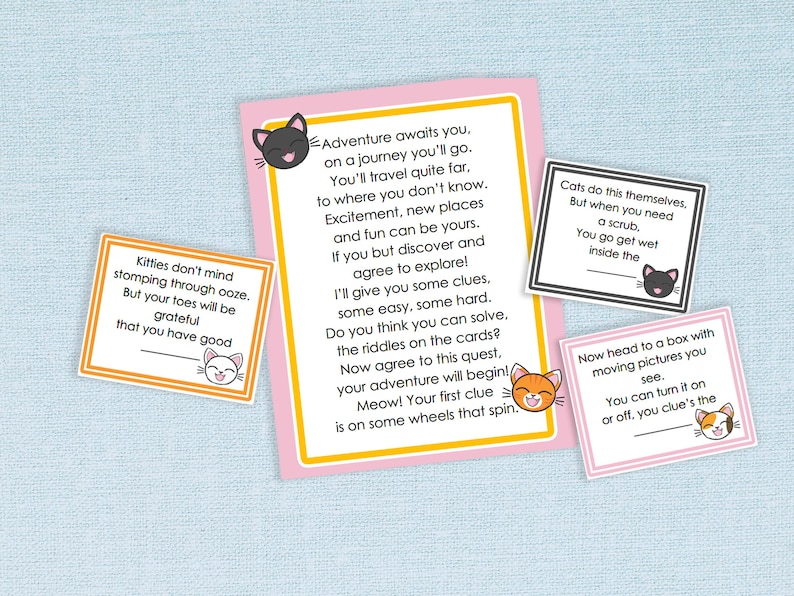 Printable Cat Treasure Hunt Clues // Editable PDF With 12 Rhyming Clues ...
