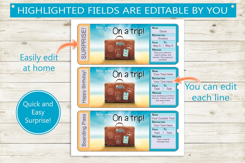 Custom Vacation Tickets // Printable Adobe Editable PDF // Vacation ...