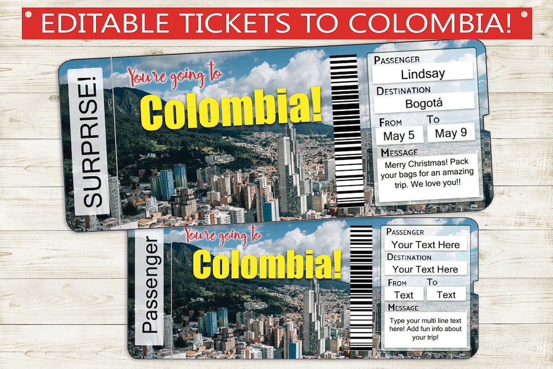 Custom Tickets to Colombia // Printable Adobe Editable PDF // Vacation ...