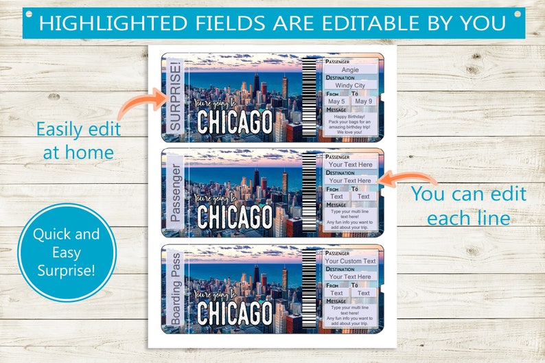 Custom Tickets to Chicago // Printable Adobe Editable PDF // | Etsy