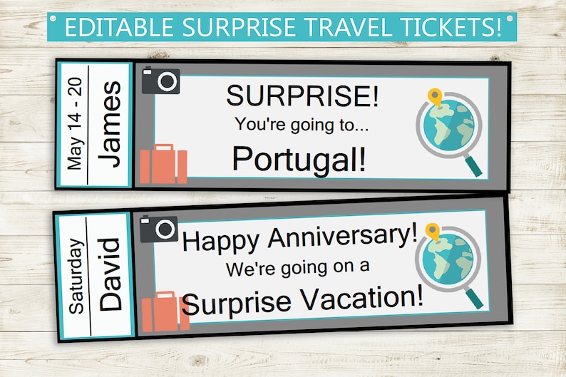 Editable PDF Surprise Travel Tickets // Adobe Editable PDF // Custom ...