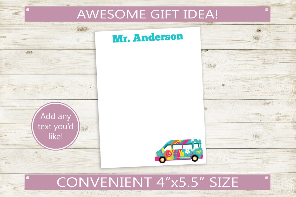 Personalized Notepad With Hippie Van Design and Custom Text // 50 ...