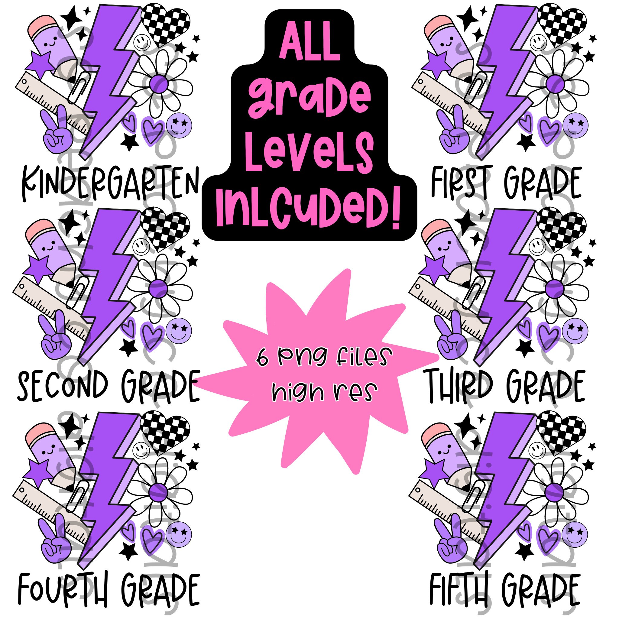 Back to School PNG Trendy Purple Kindergarten All Grades Bundle First ...