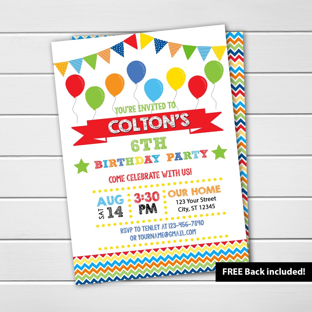 EDITABLE Bright Colored Balloons Invitations Digital Printable DIY ...