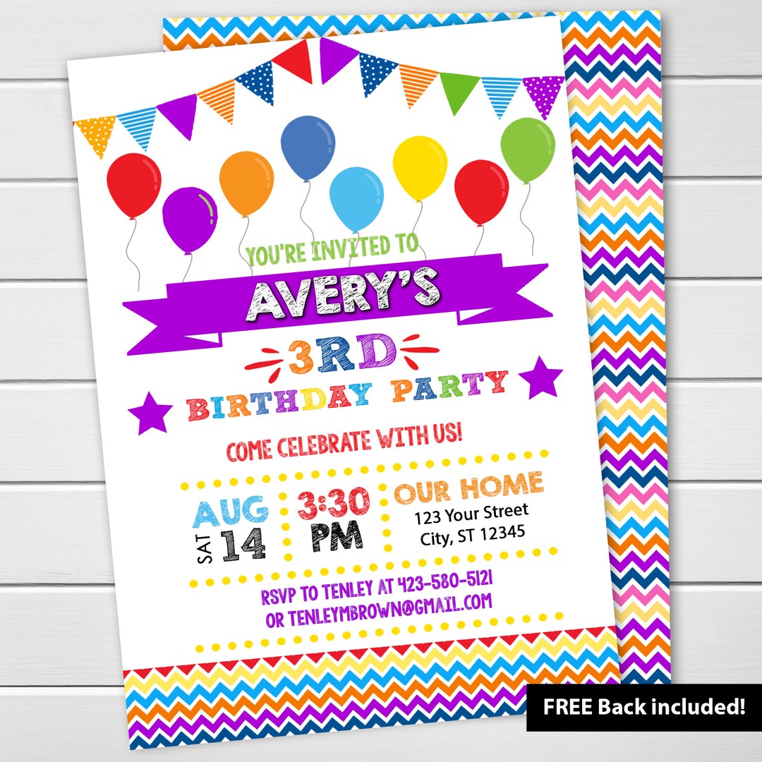 EDITABLE Bright Colored Balloons Invitations Digital Printable DIY ...