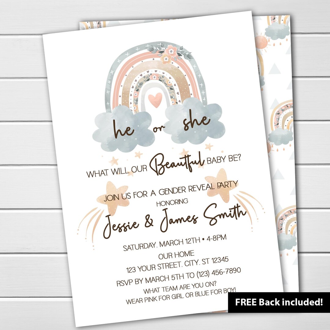 EDITABLE Boho Rainbow Neutral Gender Reveal Invitations Digital ...