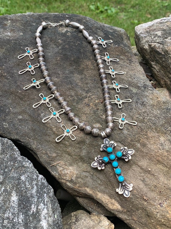 RARE Navajo Turquoise Sterling Cross Squash Blossom N… - Gem