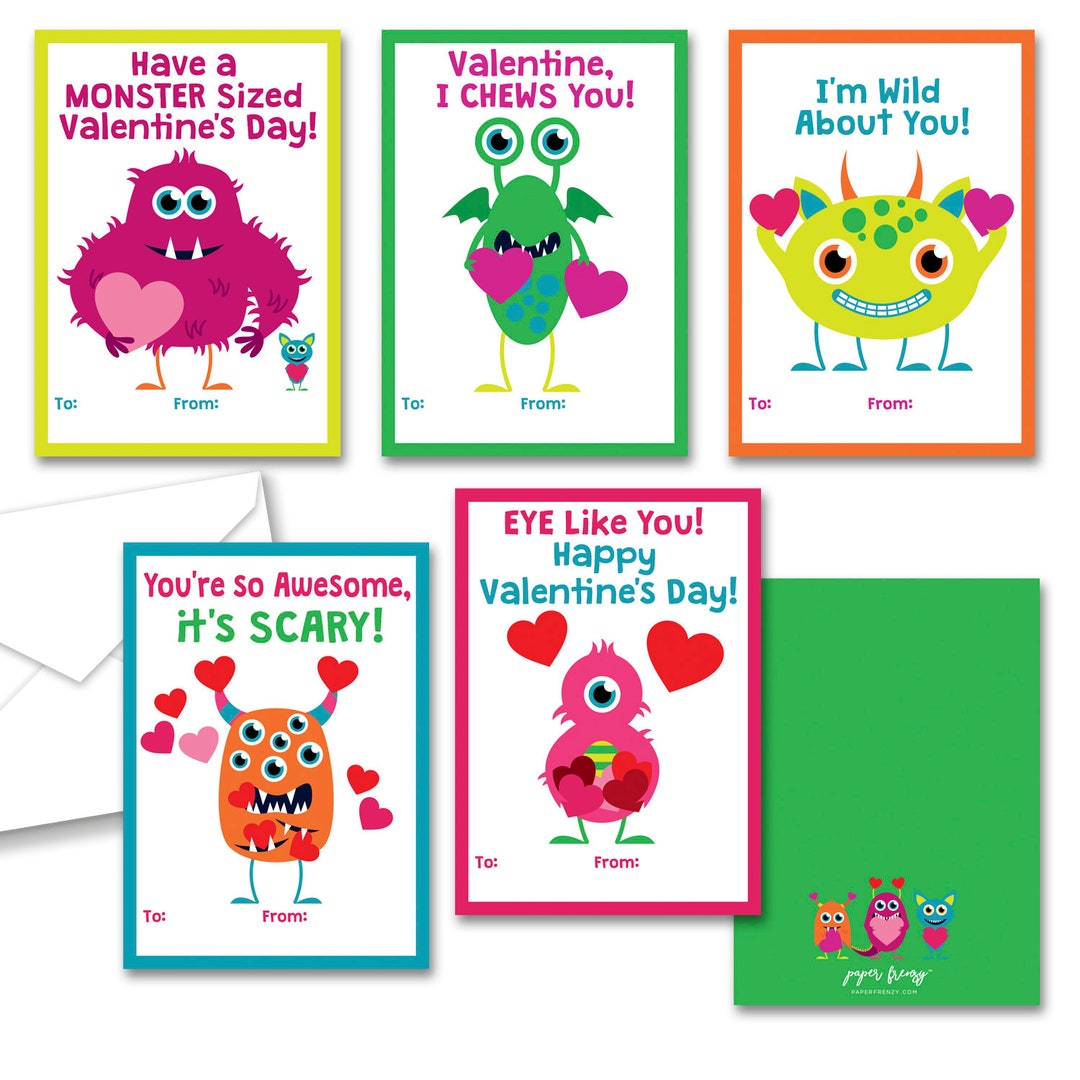 Friendly Monster Themed Kid Classroom Valentines Valentine Cards ...