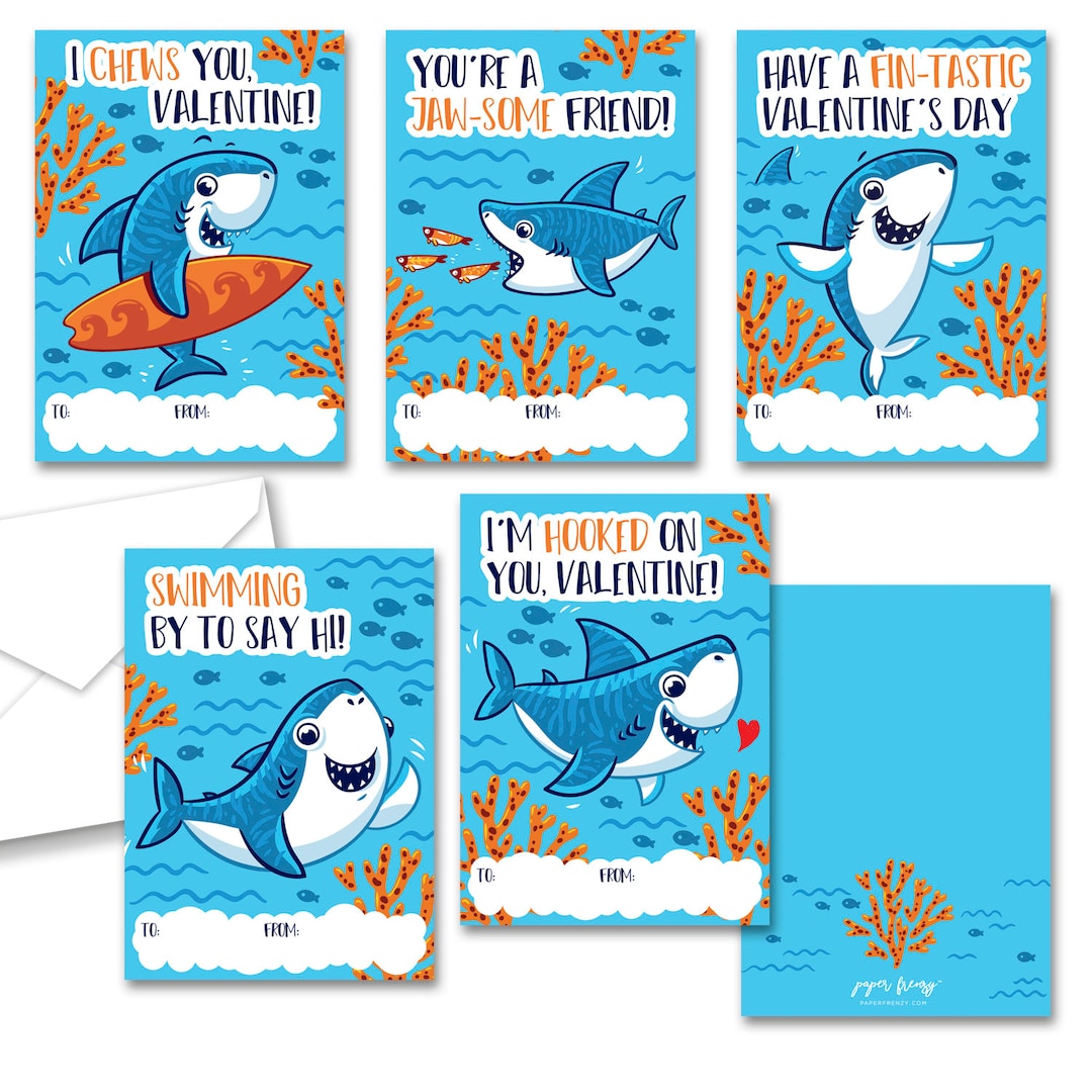 Shark Themed Kid Classroom Valentine Cards Valentines - 25 Pack - Etsy