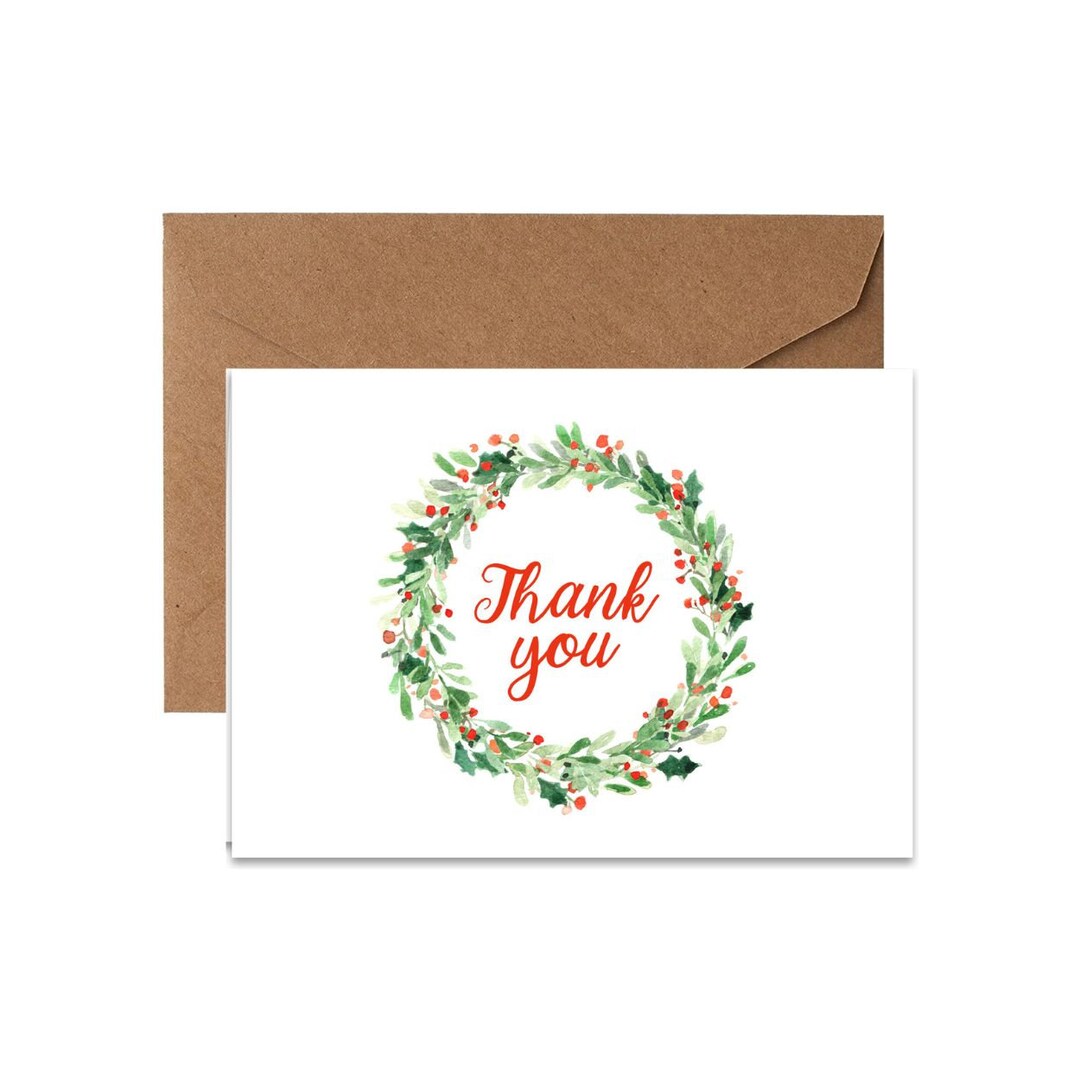 Christmas Wreath Themed Thank You Note Cards and Kraft Envelopes - Pack ...