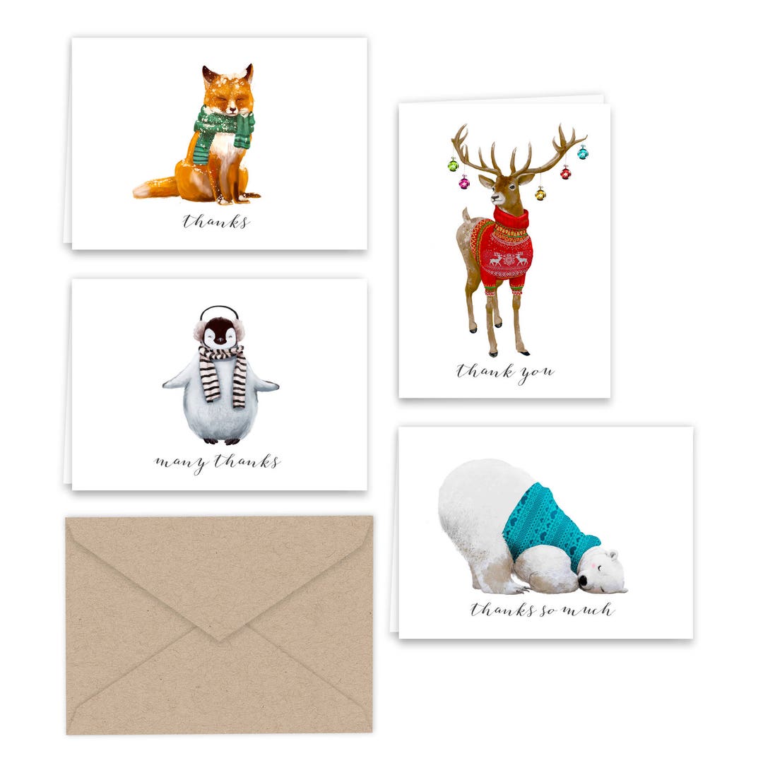 Winter Wonderland Themed Thank You Note Cards and Kraft Envelopes Pack ...