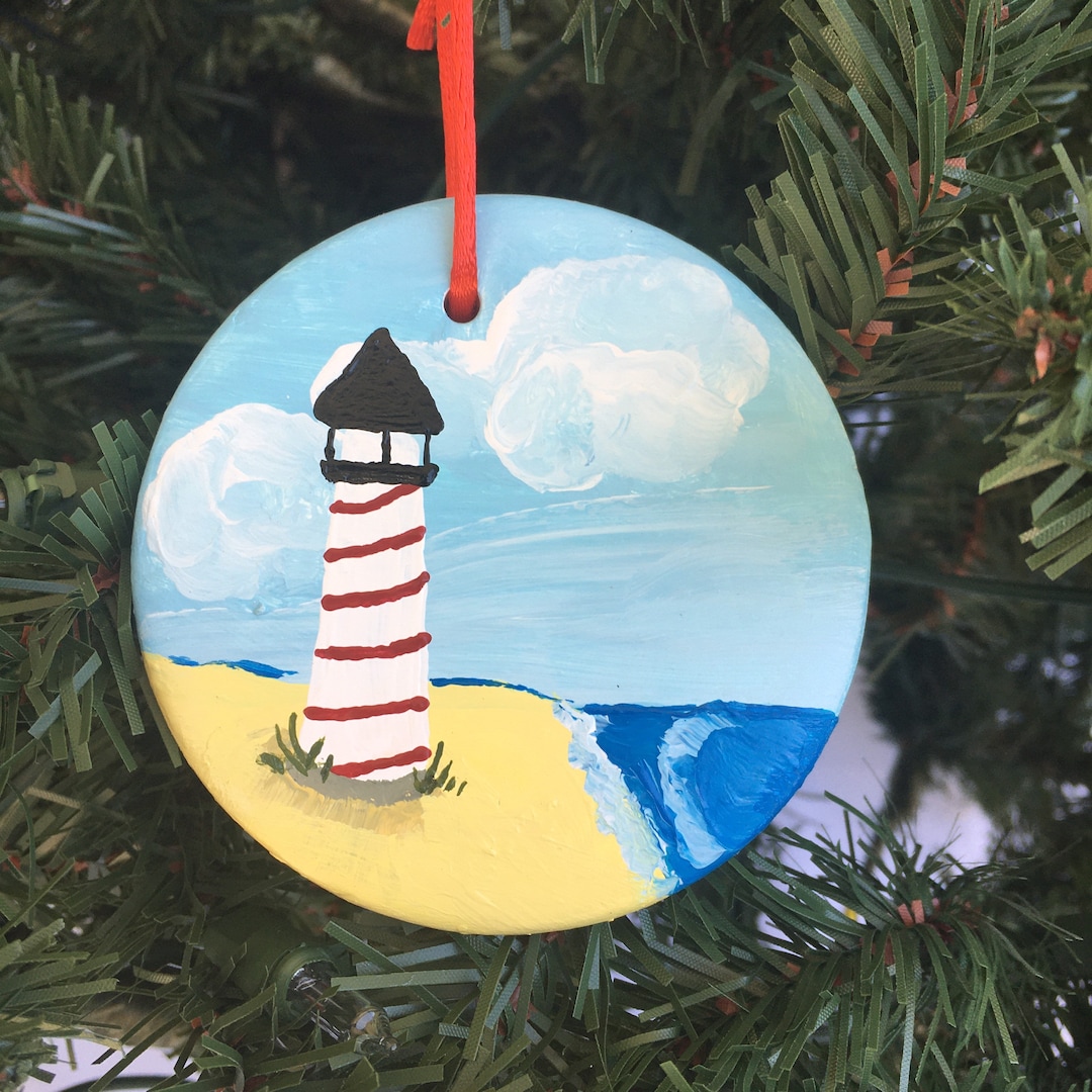 Personalized Beach Christmas Ornament: Hand Painted Lighthouse Scene - Etsy