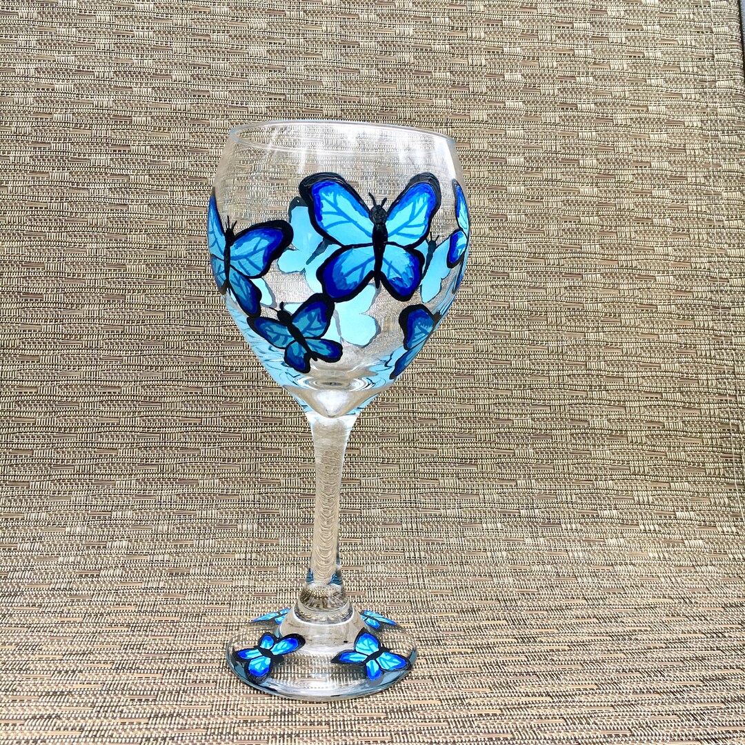 Blue Butterfly Wine Glass - Tropical Butterfly Wine Glass - Blue Morpho ...
