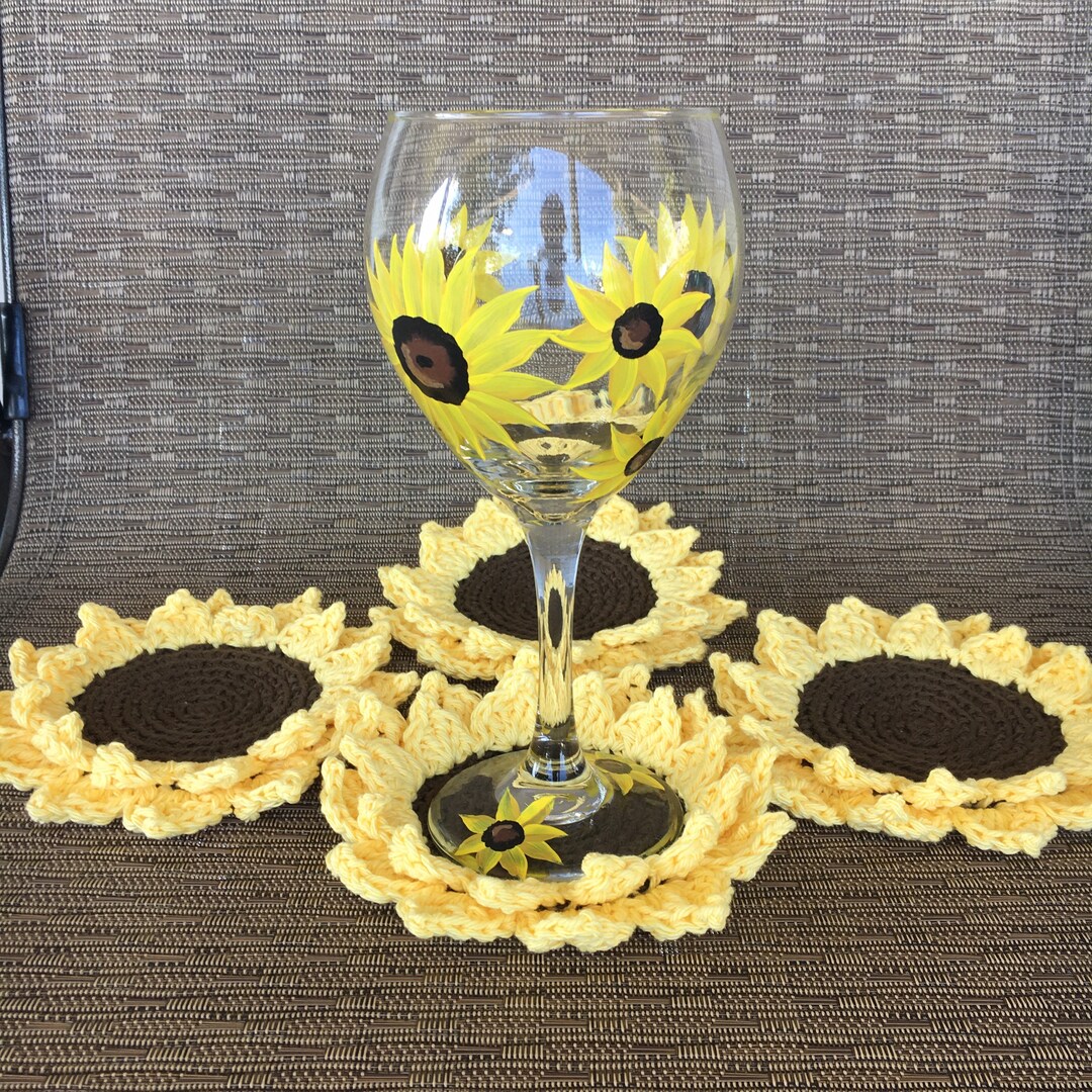 Sunflower Coasters, Set of 4, Sunflower Mug Rugs, Handmade Sunflower ...