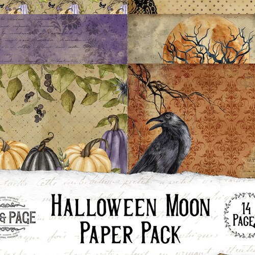 Halloween Digital Paper Vintage Moon Purple Junk Journal | Etsy