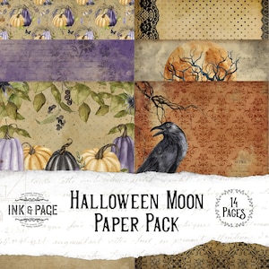 Halloween Digital Paper, Vintage Moon, Purple Junk Journal Kit, Pumpkin ...