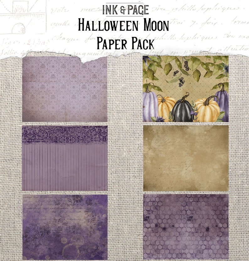 Halloween Digital Paper, Vintage Moon, Purple Junk Journal Kit, Pumpkin ...