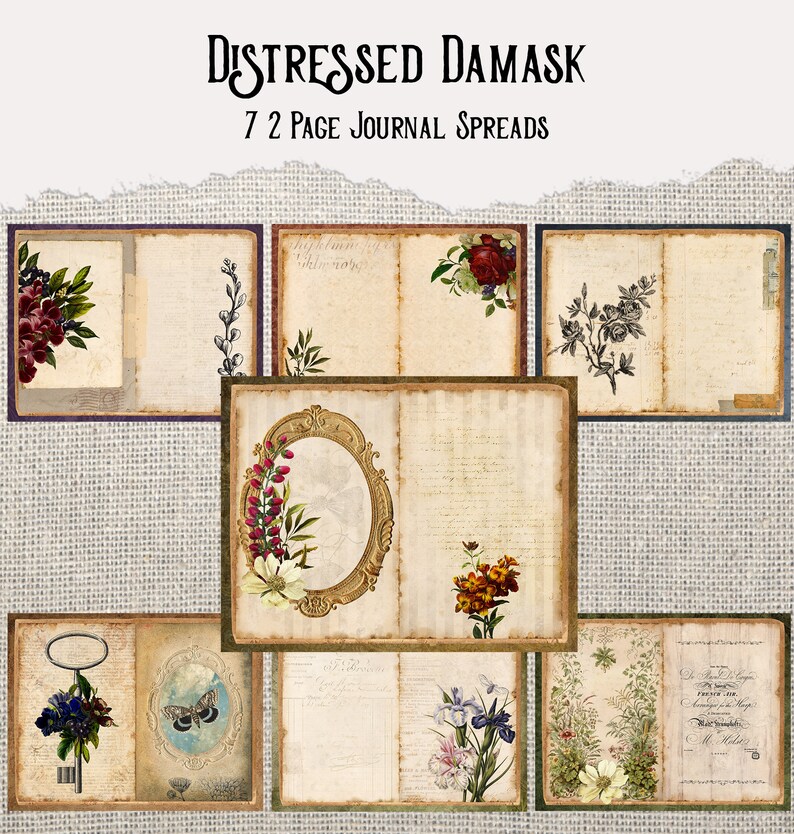 Floral Junk Journal, Printable Kit, Vintage Ephemera, Digital Damask ...